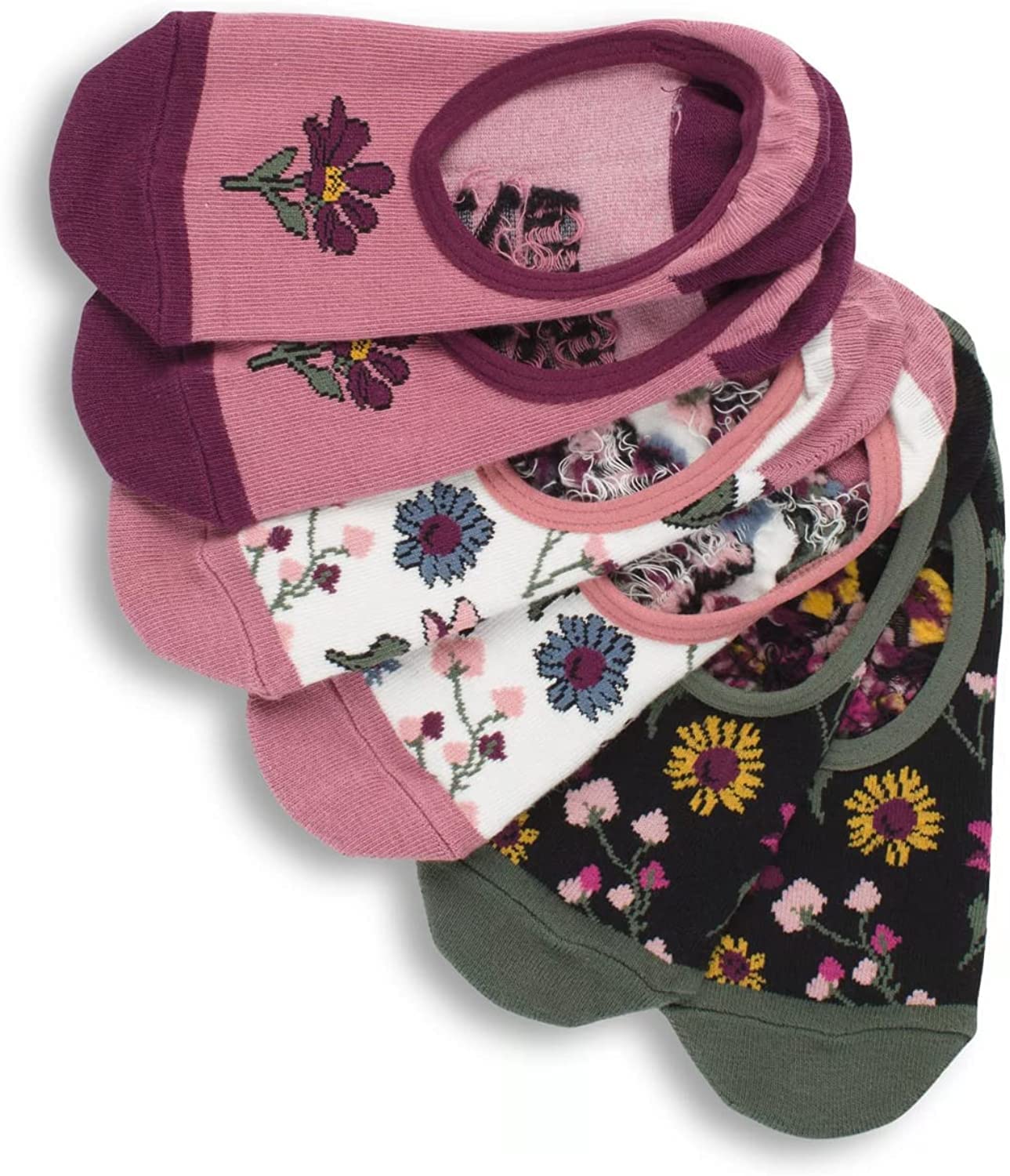 VANS | Pressed Floral Canoodle, No Show Socks - 3 Pair Pack. Black/White/Pink, Medium (6.5-10)