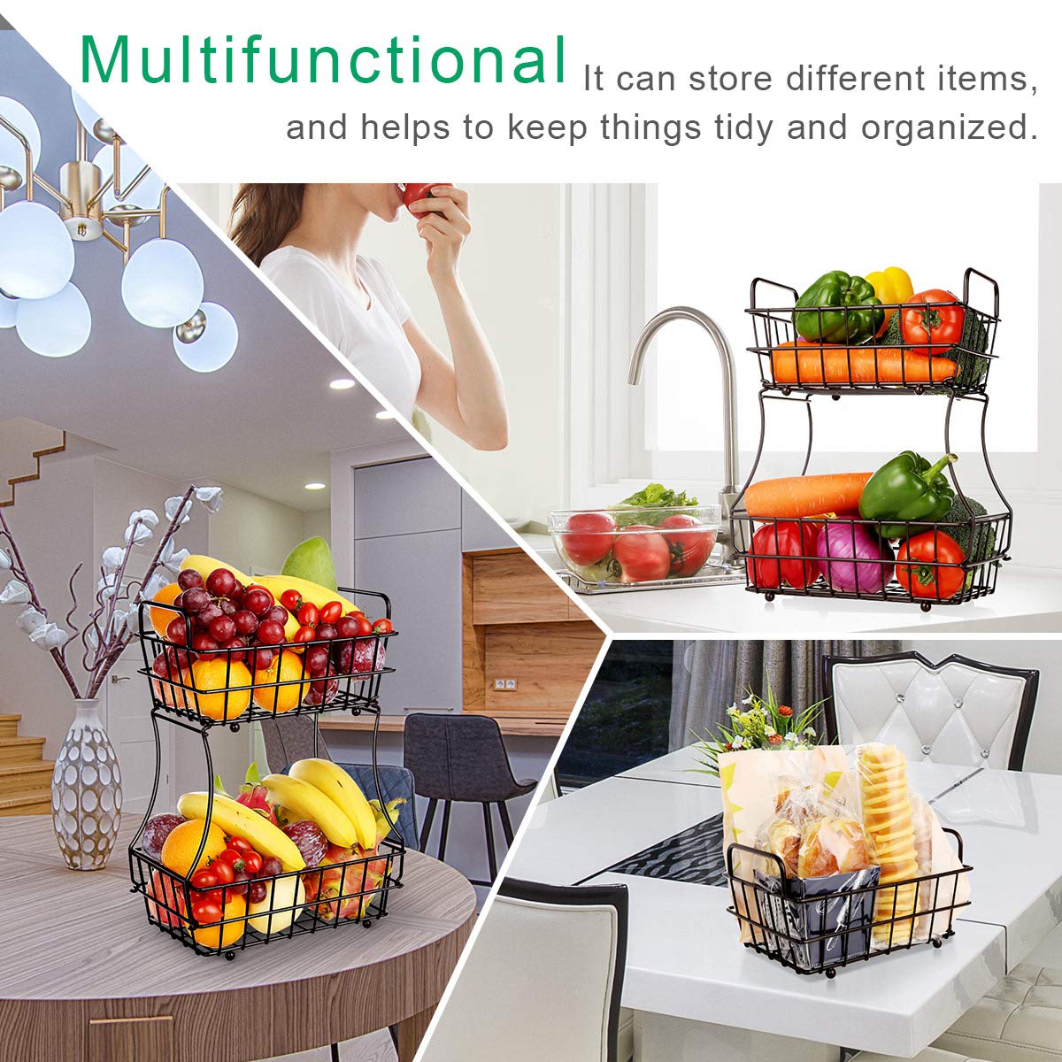 TomCare 2-Tier Fruit Basket Metal Fruit Bowl Bread Baskets Detachable Fruit Holder kitchen Storage Baskets Stand - Screws Free Design for Fruits Breads Vegetables Snacks, Bronze