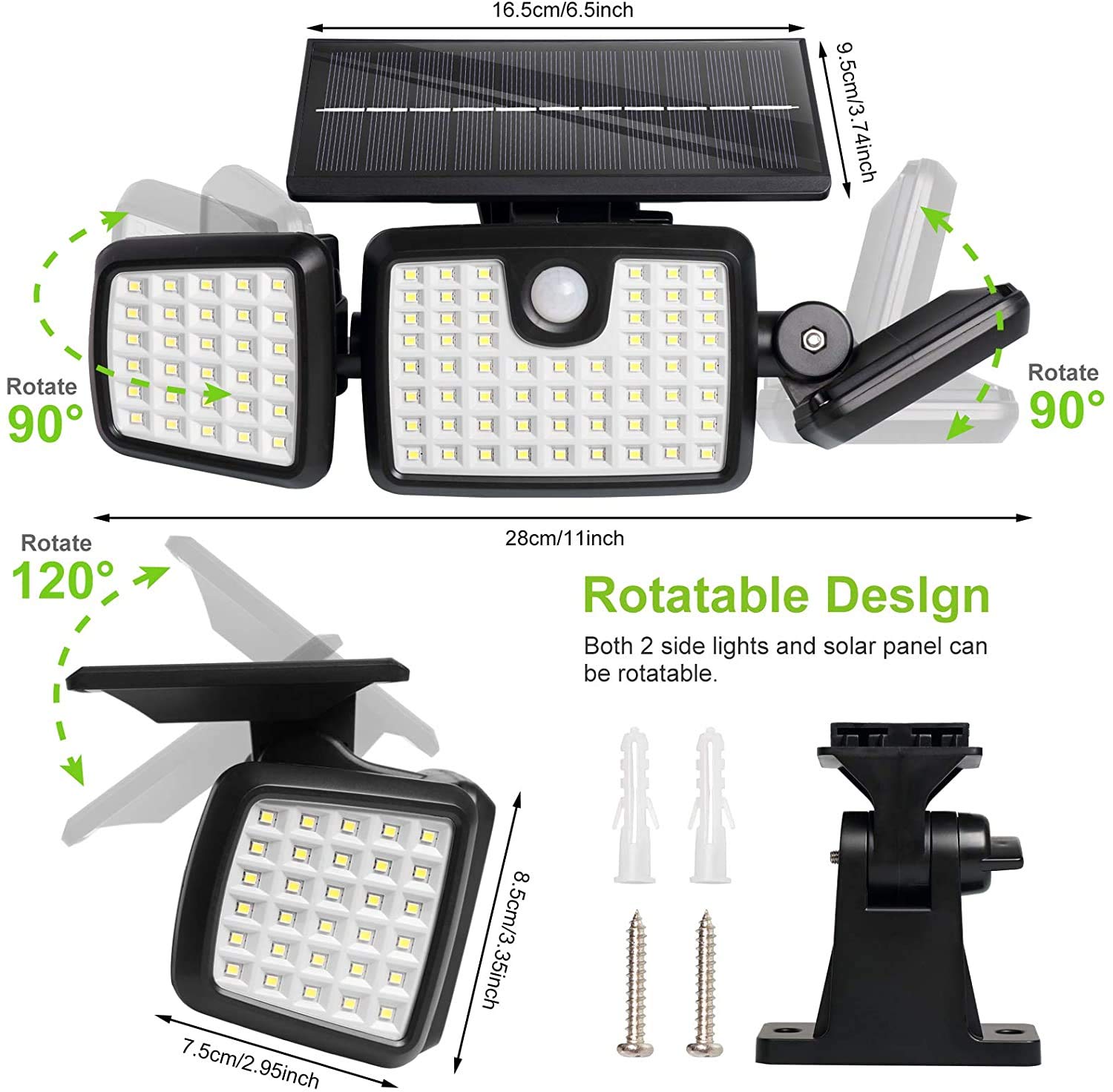 Solar Lights Outdoor, 176 LED Wireless Led Solar Motion Sensor Lights Outdoor, 3 Heads 270. Wide Angle with 3 Lighting Modes, IP65 Waterproof Solar Security Lights for Front Door Yard Garage(2-Pack)