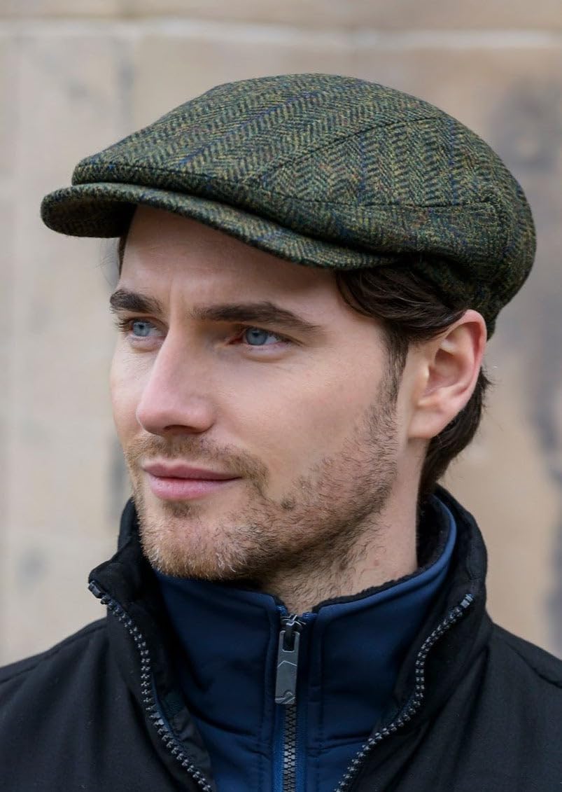 Mucros Weavers Kerry Cap, Irish Hat for Men, Herringbone Wool, Green, Large