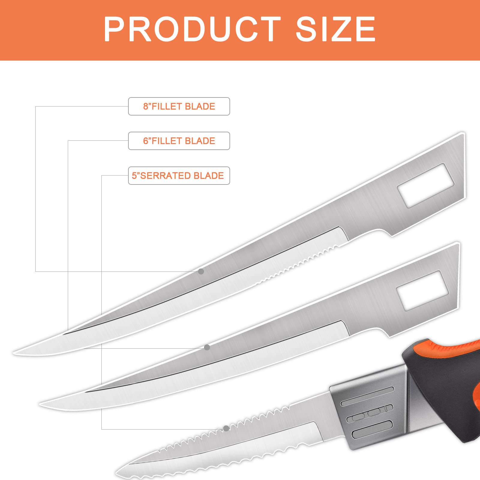 SYDZK Fishing Knife,Fishing Filet & Bait Knives, Interchangeable Blade Fillet Knife set,Includes 6", 8" Rounded Blades With 5" Serrations, Sharpener and Blade Nylon Storage Bag
