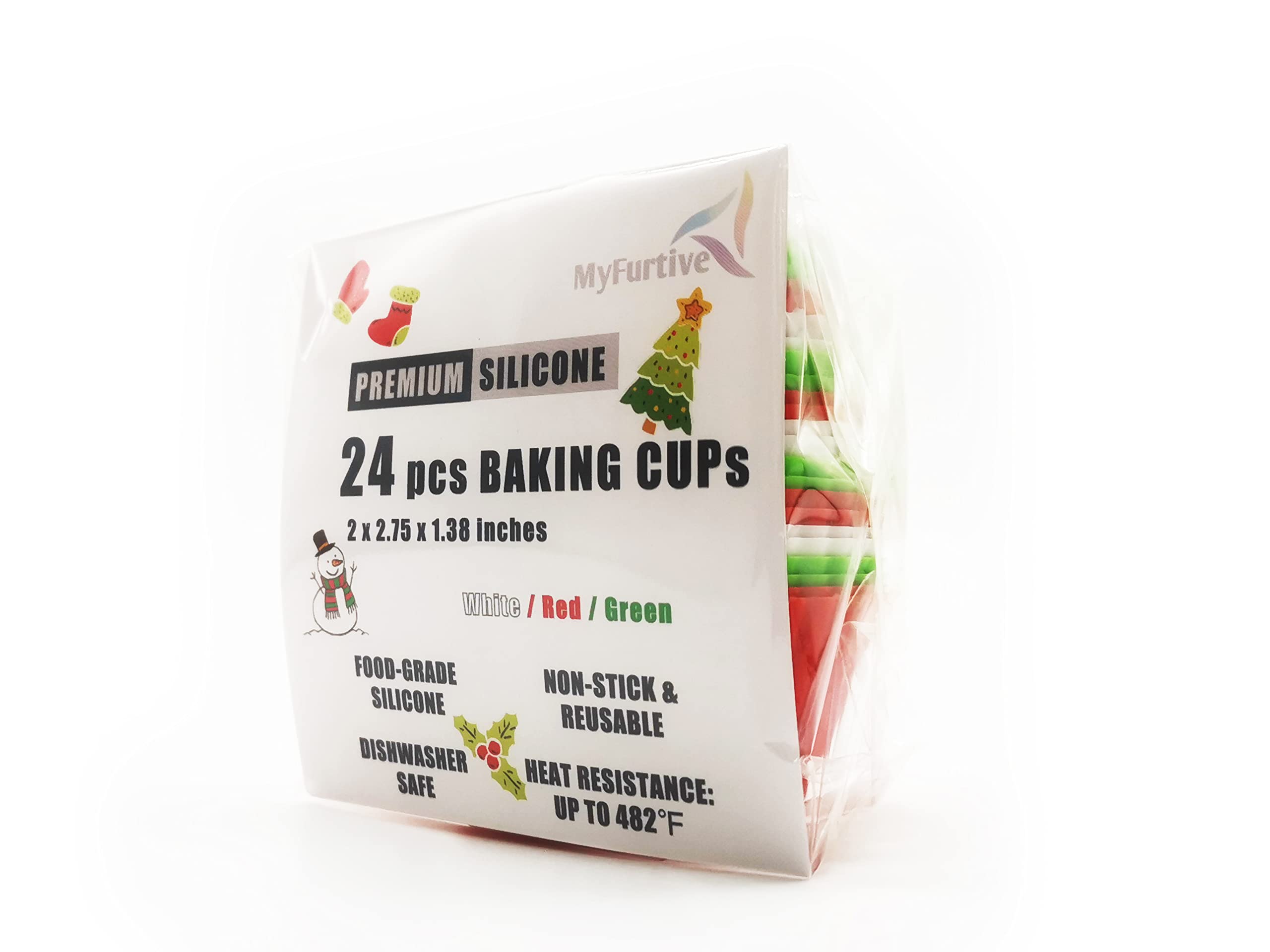 Silicone Cupcake Baking Cups - 24 Pieces Reusable, Muffin Liners, White, Red and Green, BPA Free, Dishwasher Safe MyFurtive Baking Cups, 100% Food Grade Premium Silicone