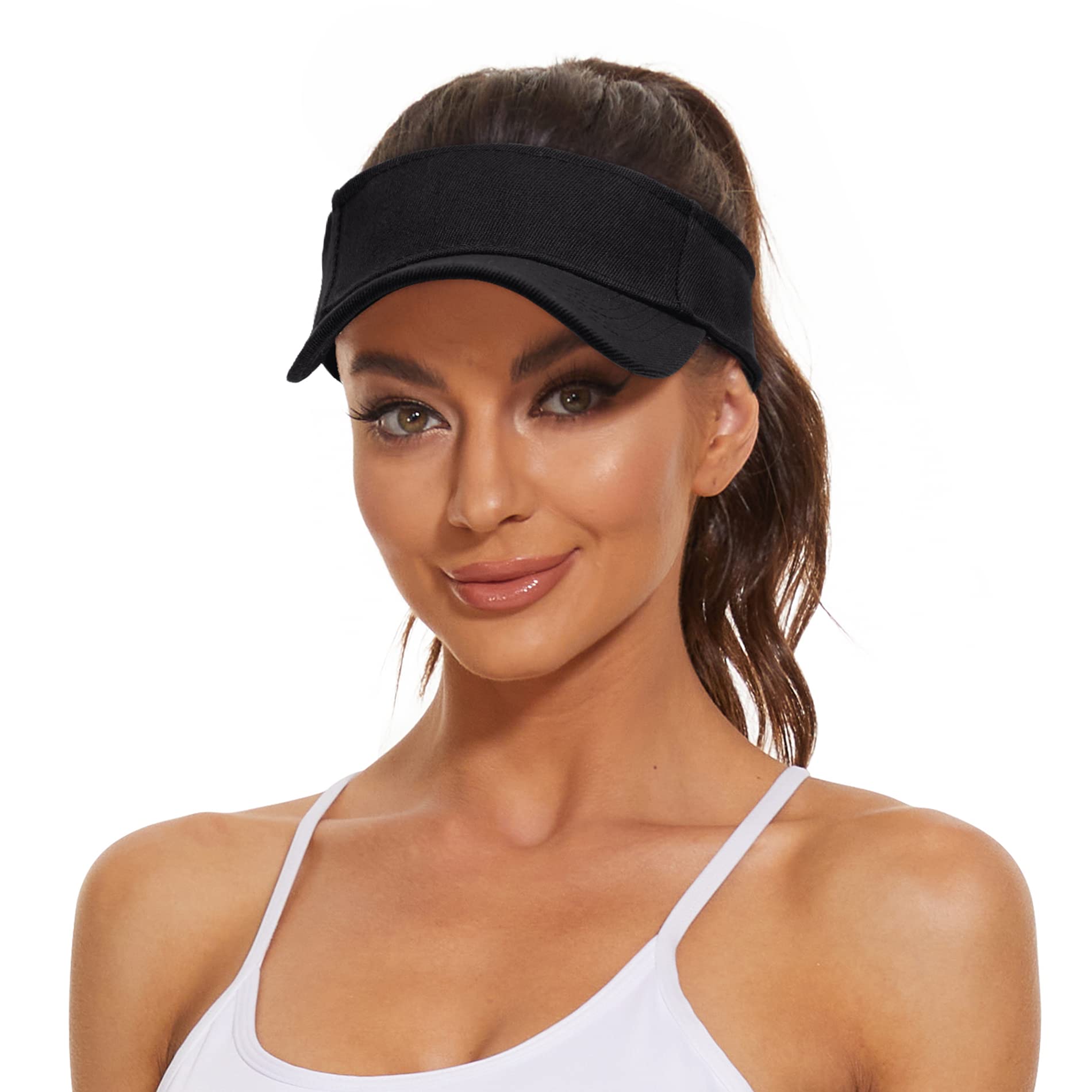 Sun Visor Wide Brim Sun Hats for Women UV Protection Summer Beach Hats Foldable with Ponytail Black
