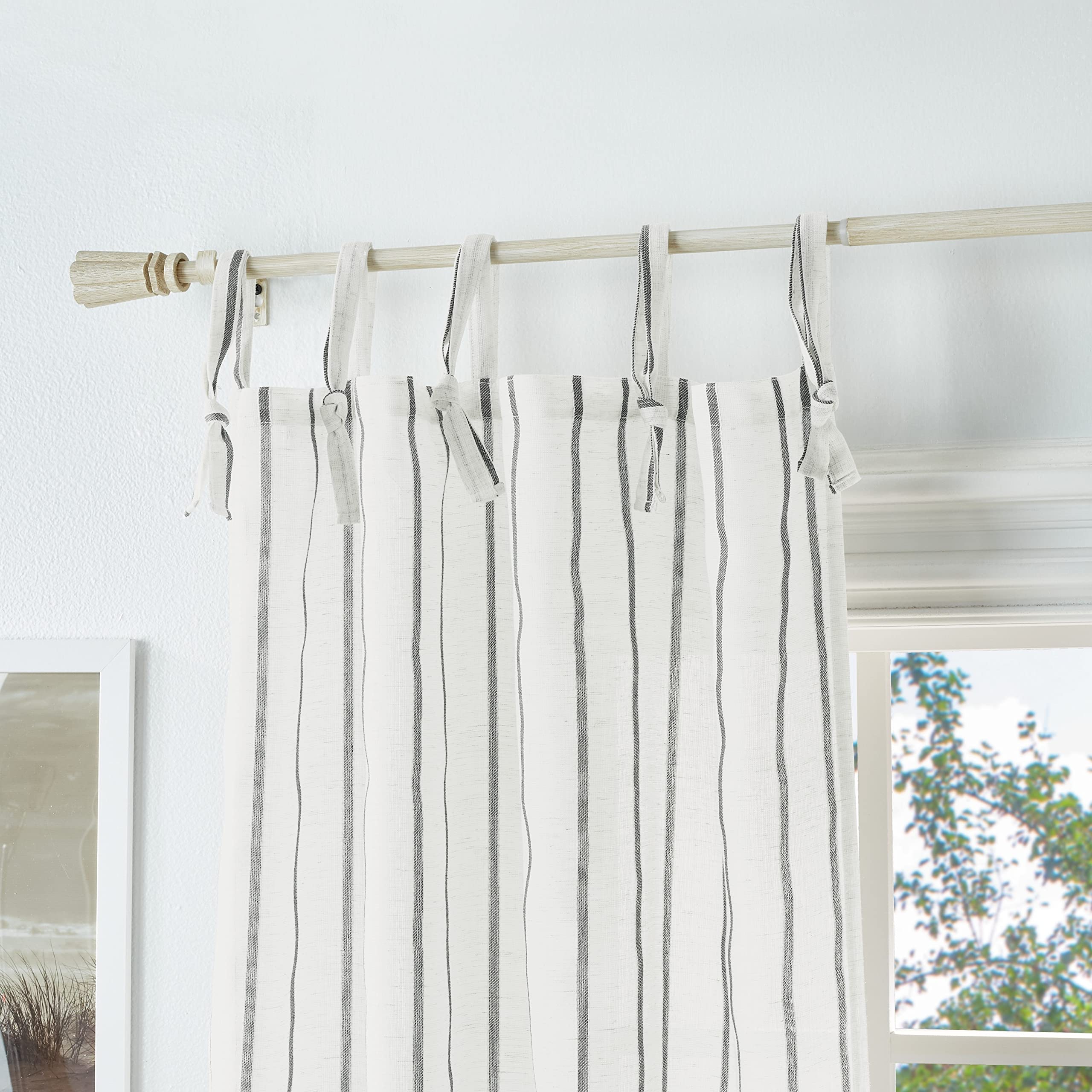 Martha Stewart Laguna Stripe Semi-Sheer Tie Tab Window Curtain Panel Pair, 84", Grey