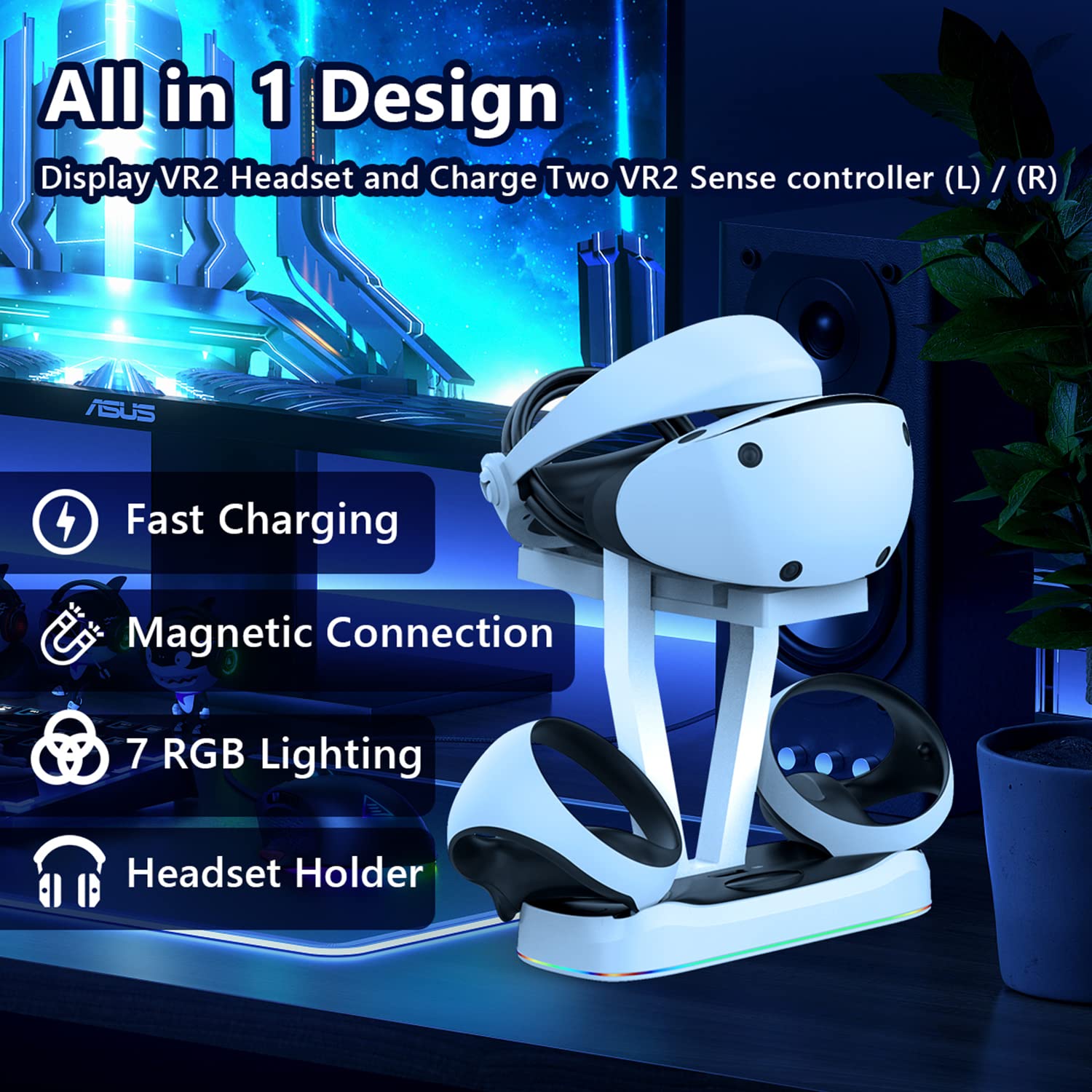 Uxilep PS VR2 Fast Charging Station,Dual Charger Dock for PS5 VR2 Sense Controller with RGB Light & Magnetic Interface,PS VR 2 Headset Storage Stand Mount,for PlayStation VR 2 Accessories