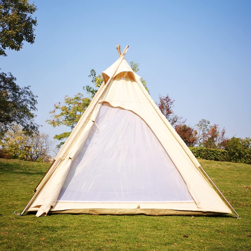 SIBORTER 2~3 People Outdoor Beige Cotton Canvas Camping Tent Pyramid Teepee Tent for Family