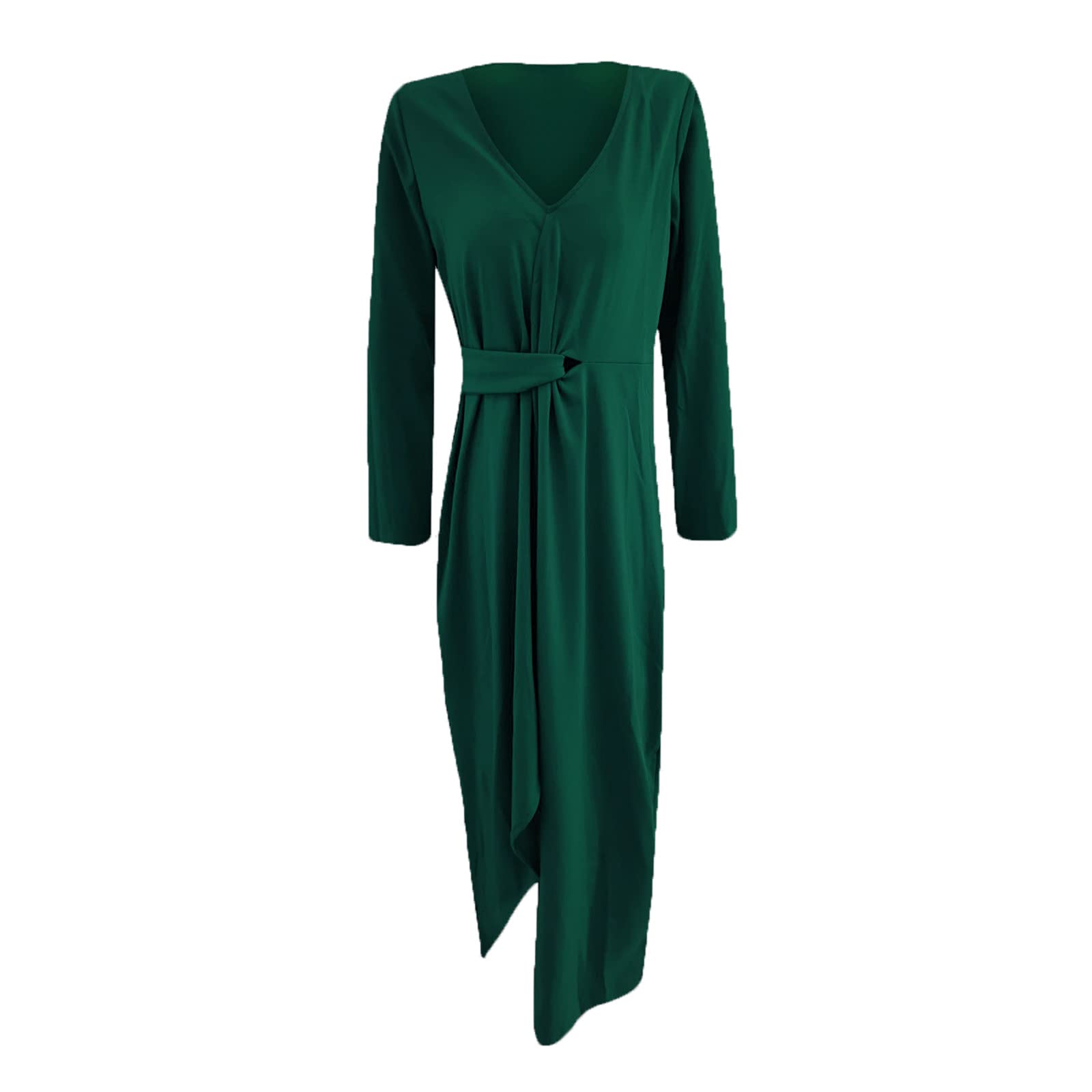 Side Split Long Sleeve Dress for Women Deep V Neck Front Twist Knot Waisted Shift Dres Solid Color Prom Dress