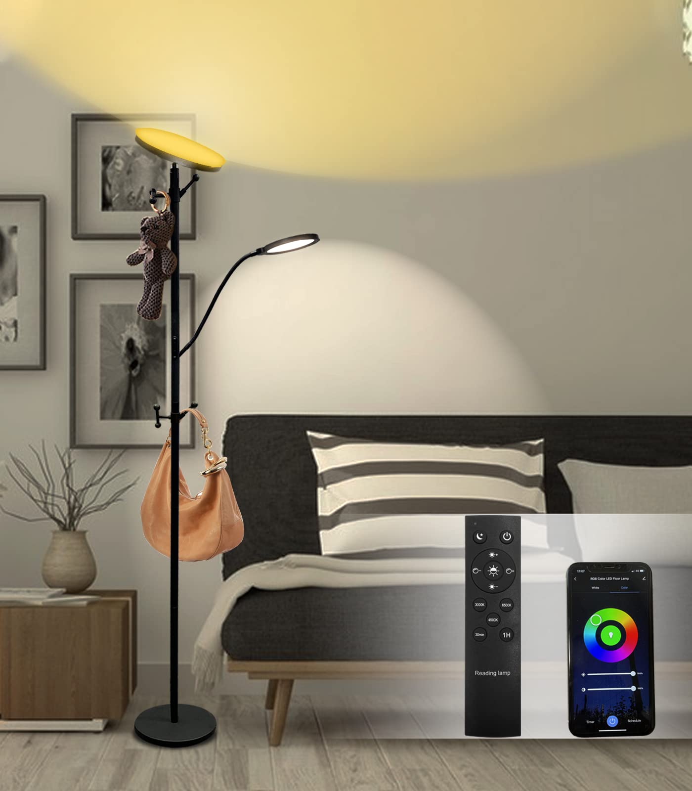 RGB Smart Floor Lamp , living room lamp,clothes and hat lamp, LED floor lamp Sky Main Light and Side Reading Lamp,standing lamp, Tall Lamp with Remote & Touch &APP Control for Living Room Bedroom