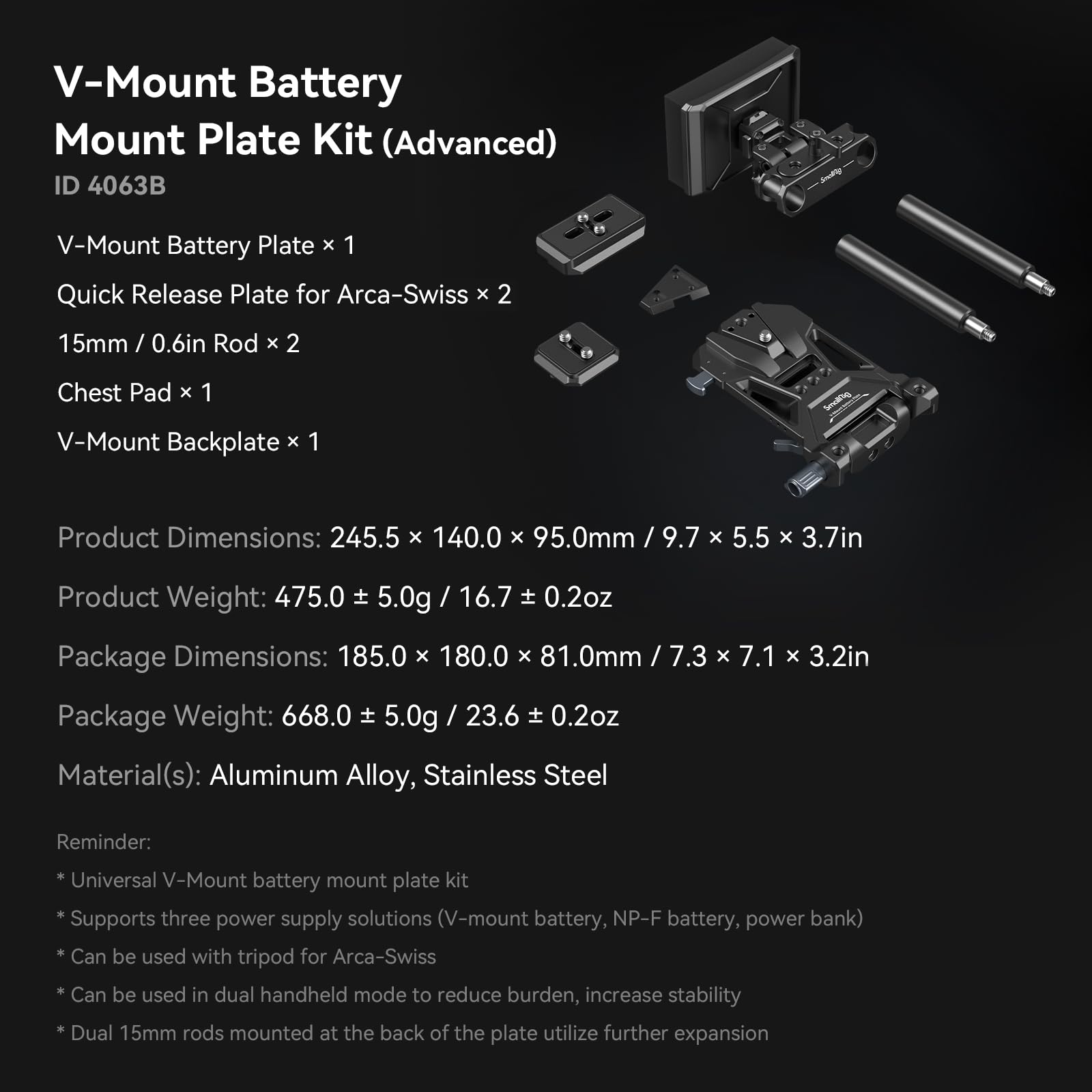 SmallRig V-Mount Battery Plate with Double Quick Release Plate for Arca, Quick Release Chest Pad, 15mm rods, L-Shape Compact & Foldable V Mount Battery Plate for DSLR Cameras, Gimbals & Tripod - 4063B