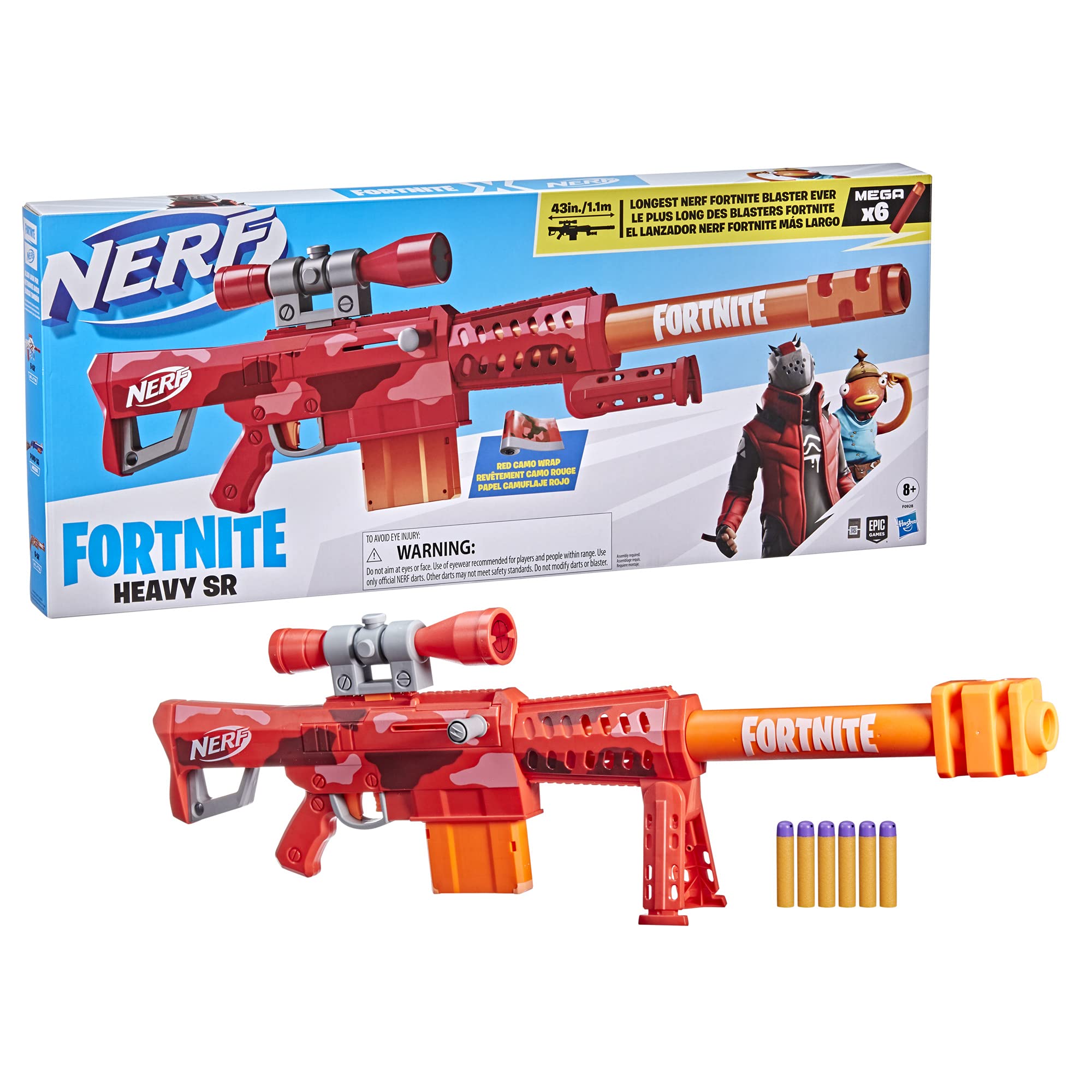 NERF Fortnite Heavy SR Blaster, Longest Fortnite Blaster Ever, Removable Scope, Bolt Action, 6 Official Mega Darts, 6-Dart Clip