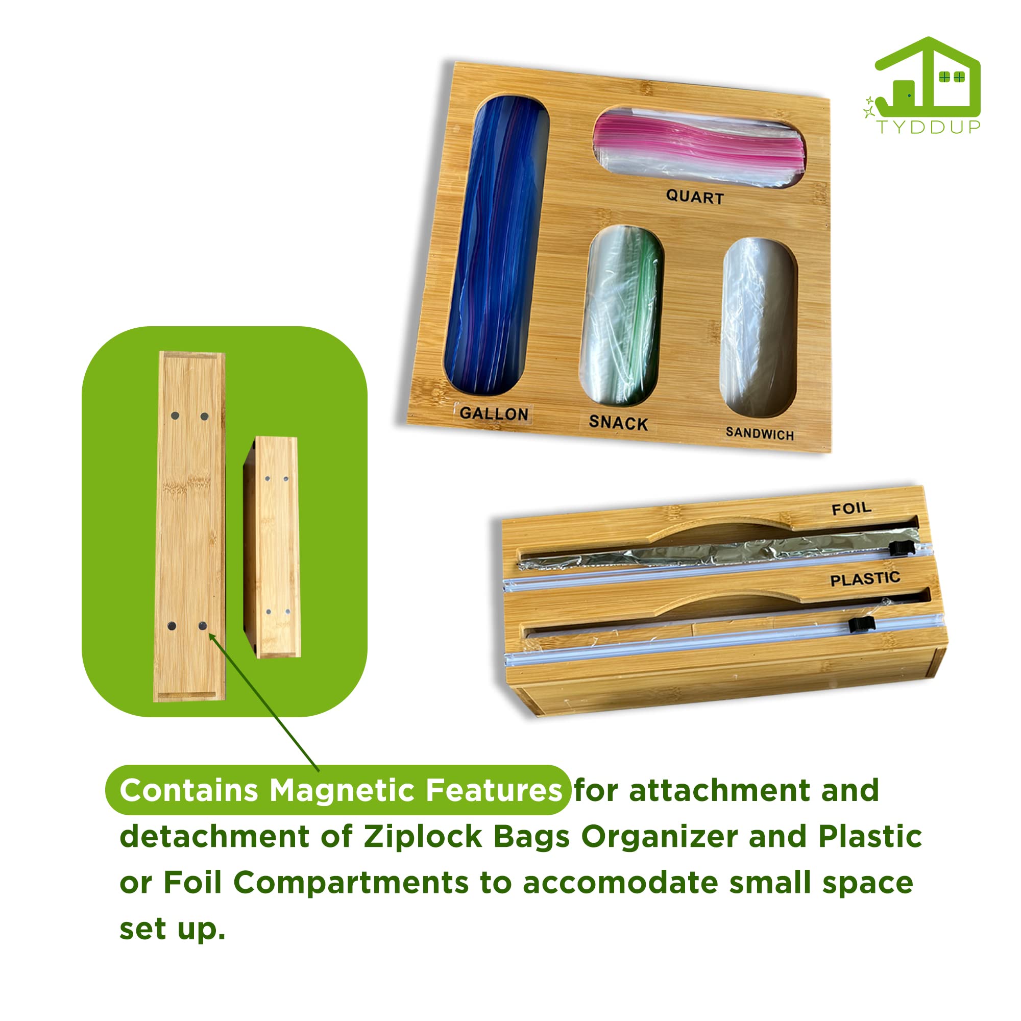 TYDDUP - 6 in 1 Ziplock Bag Organizer with Alum. Foil/Plastic Wrap Dispenser with Cutter & Labels for Kitchen Drawer |Bamboo Kitchen Organization |Compatible Gallons,Quarts,Snack,and Sandwich Bags.