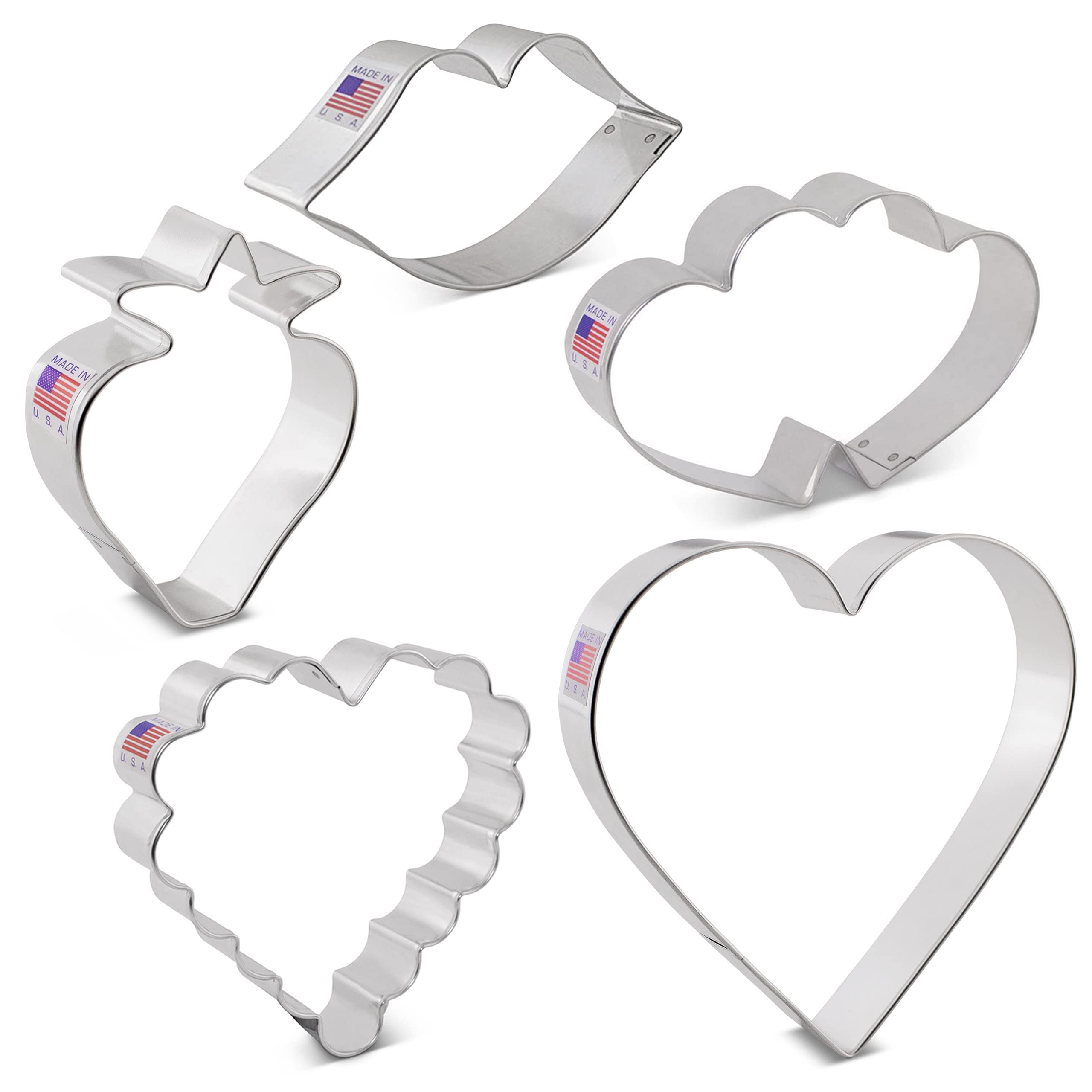 Valentines Day Cookie Cutters 5-Pc. Set Made in USA by Ann Clark, Heart, Strawberry, Scalloped Heart, Lips, Double Heart