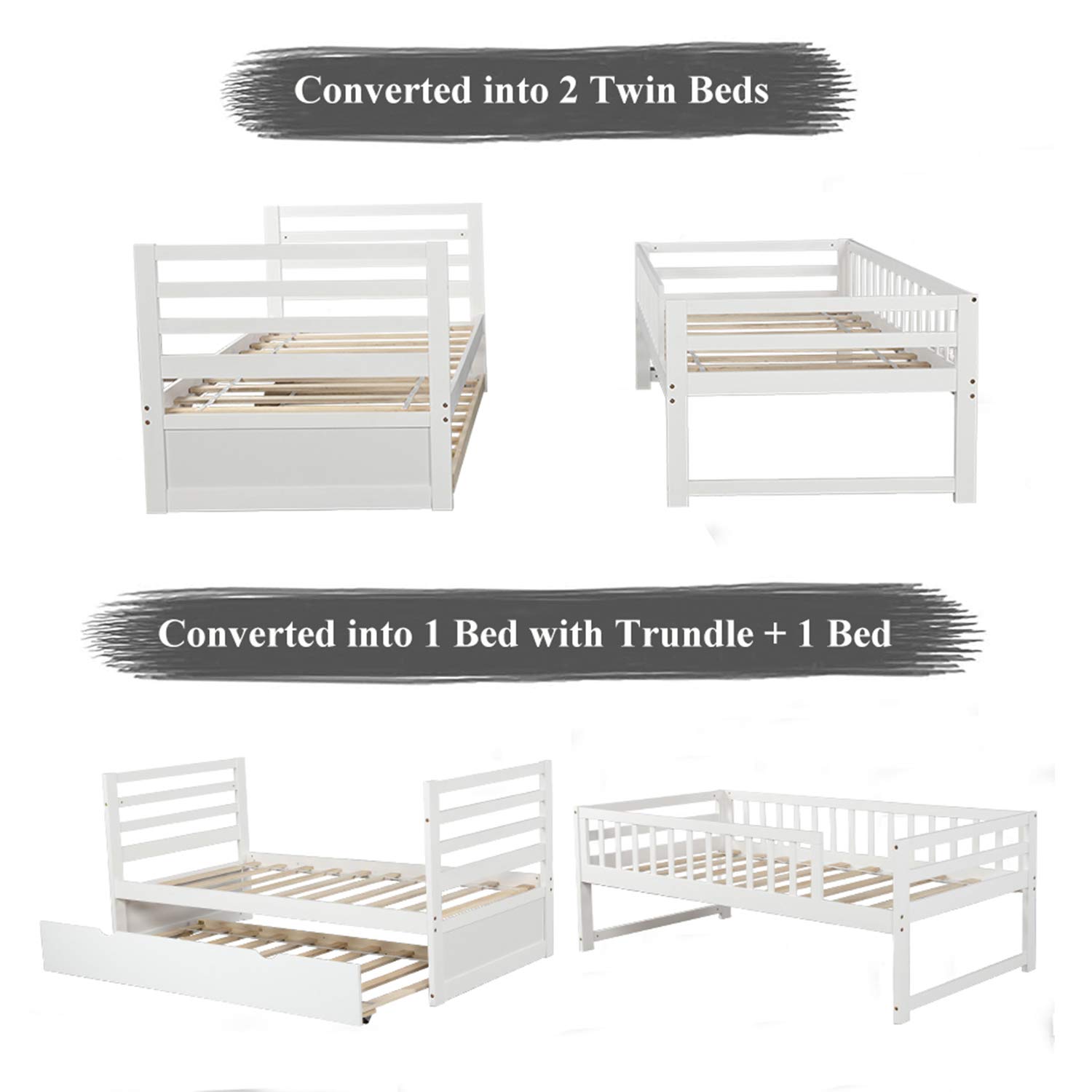Morhome Twin Over Twin Bunk Bed with Trundle, 3 in 1 Triple Bunk Beds with Side Ladders and Safety Guard Rail for Kids Adults Teens