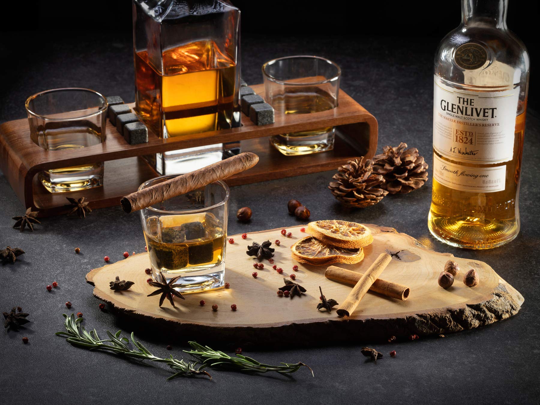 ROCKSLY Whiskey Stones Gift Set for Men | Whiskey Decanter Set With Wood Stand | Bourbon Decanter with Scotch Glasses, 8 Granite Whiskey Stones| Ideal For Whiskey Lovers | Gift Set For Dad, Boyfriend