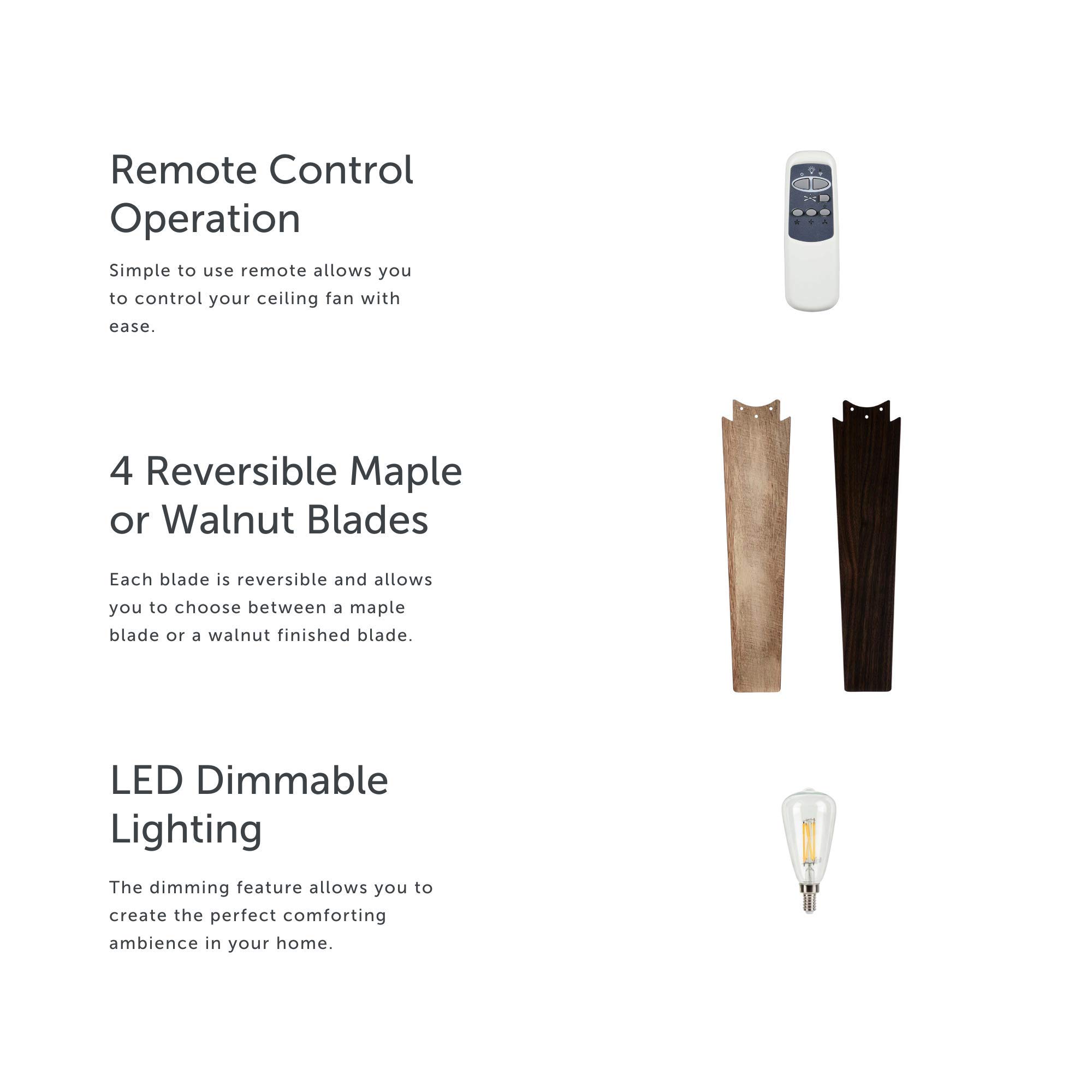 NOMA Ceiling Fan with Light | Reversible Maple or Distressed Walnut Blades | Dimmable with Remote | Brushed-Nickel Finish, 52-Inch