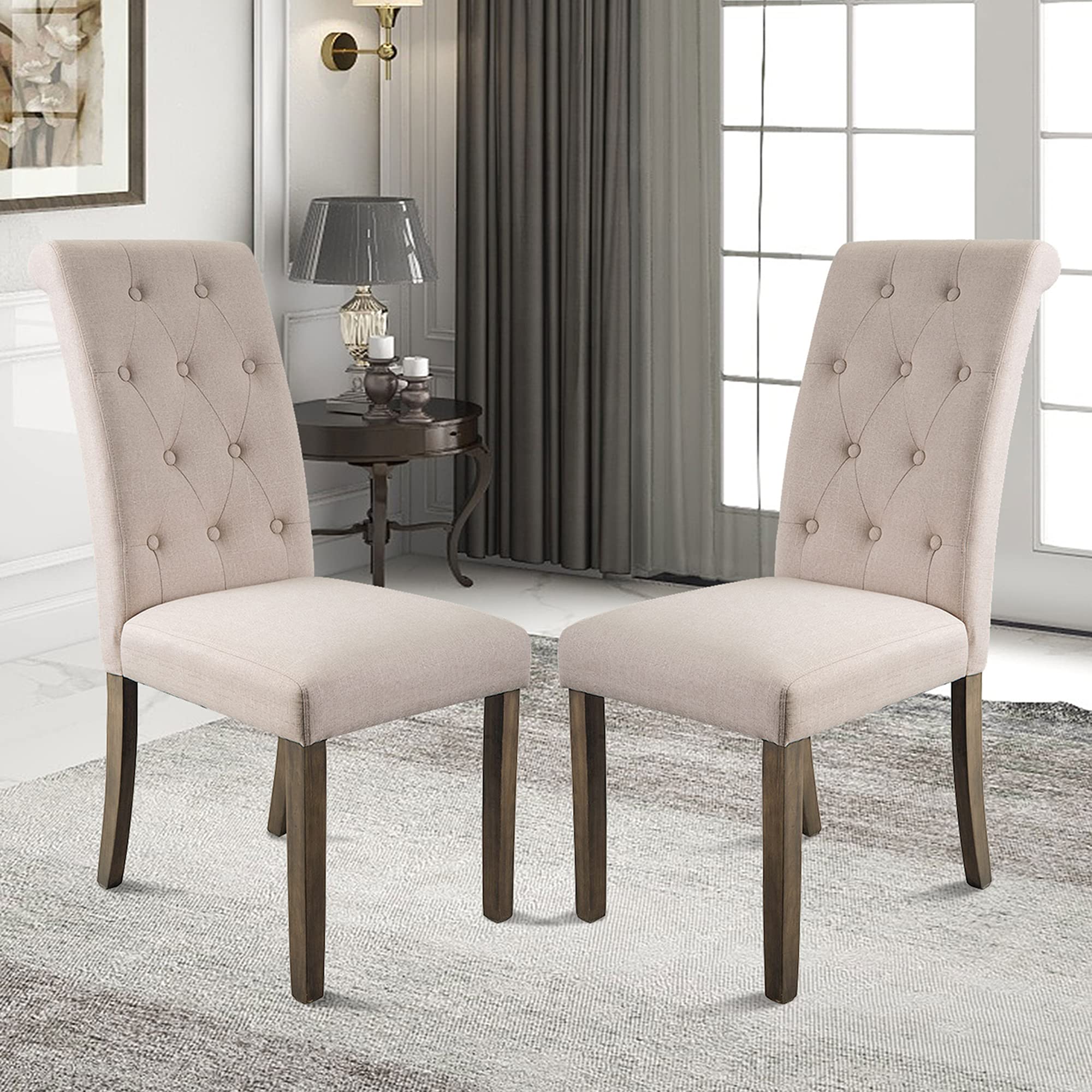 Merax Set of 2 Fabric Dining Chairs, Noble and Elegant Tufted Dining Chair with Solid Wood Legs, Dining Room Set (Beige and Light Brown)