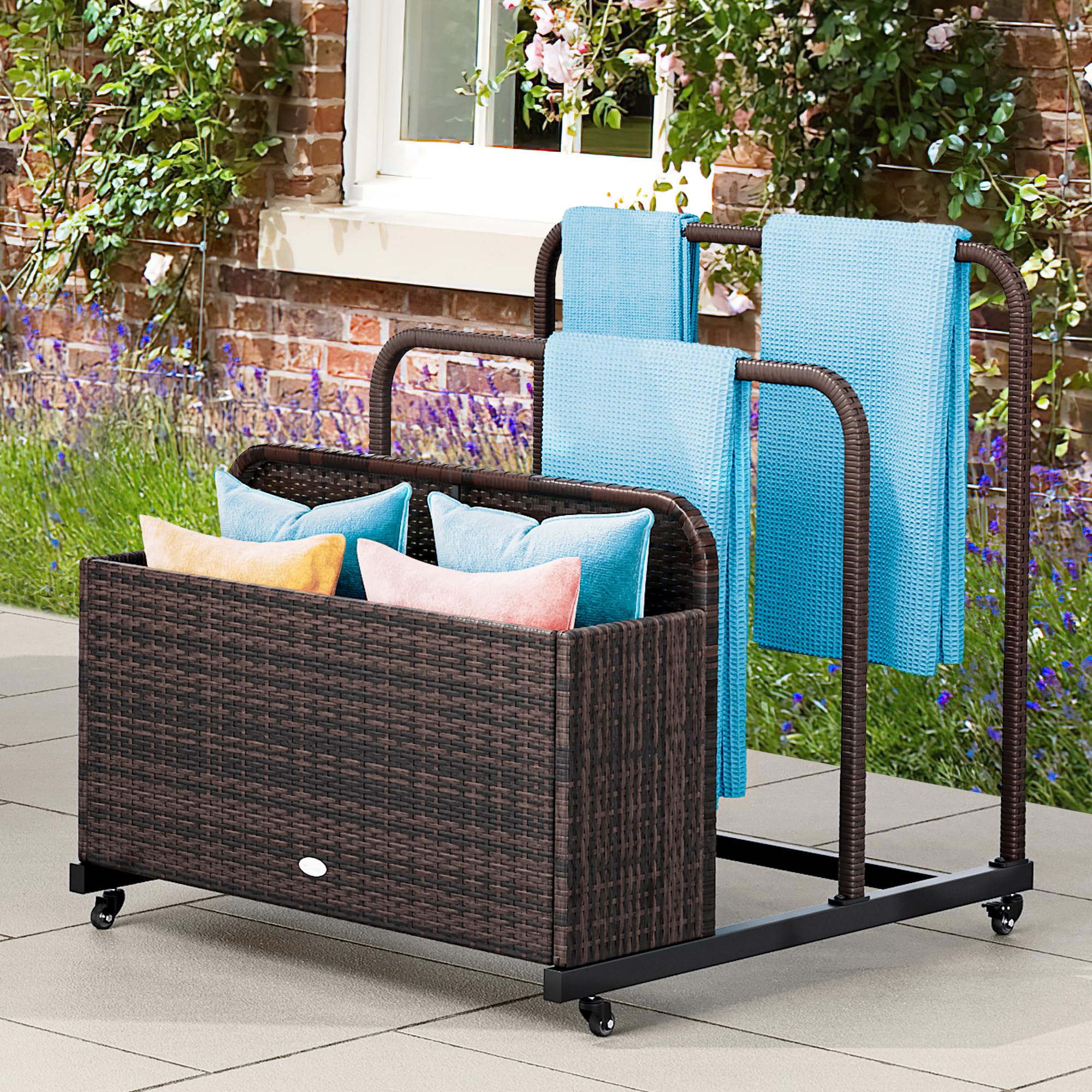 YITAHOME Outdoor Storage Box with Tiered Storage Racks, Large Wicker Rattan Deck Box for Patio, Pool, Supplies, and Tools - Brown