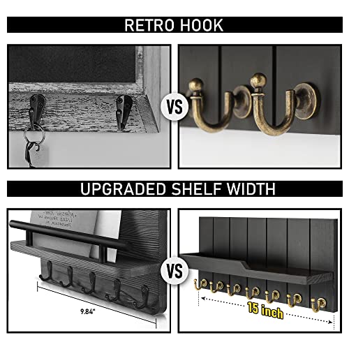 Rebee Vision Decorative Key and Mail Holder for Wall - Farmhouse 15 Inches Floating Shelf with 7 Sturdy Key Hooks for Home Entryway Wall Decor - Rustic Key Racks (Black)