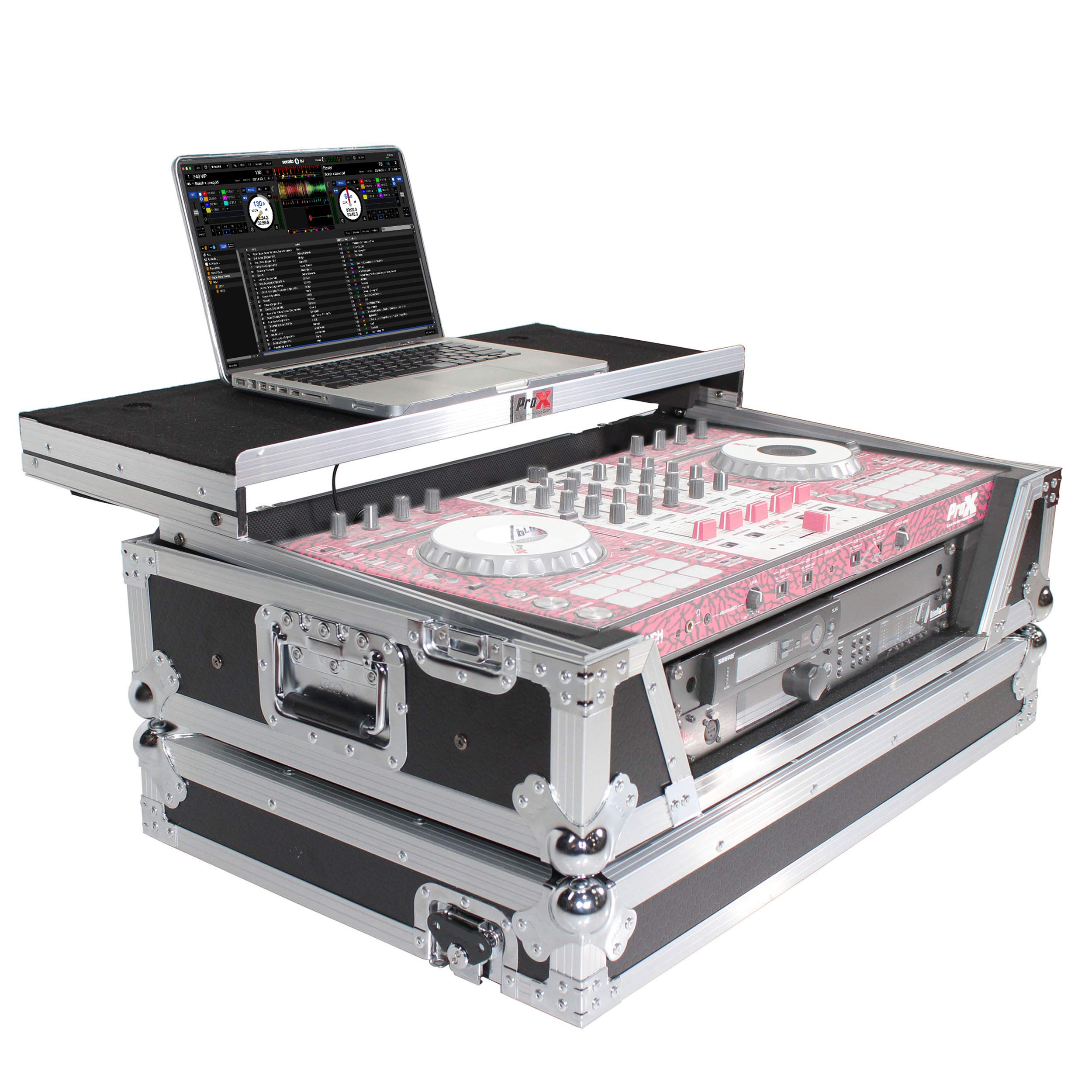 ProX Flight Case for Pioneer DDJSX3 DDJ-1000 SRT Controller with 2U Rack Space, Sliding Laptop Shelf,Wheels and LED Kit-Silver on Black Design - XS-SX1K2UWLTLED