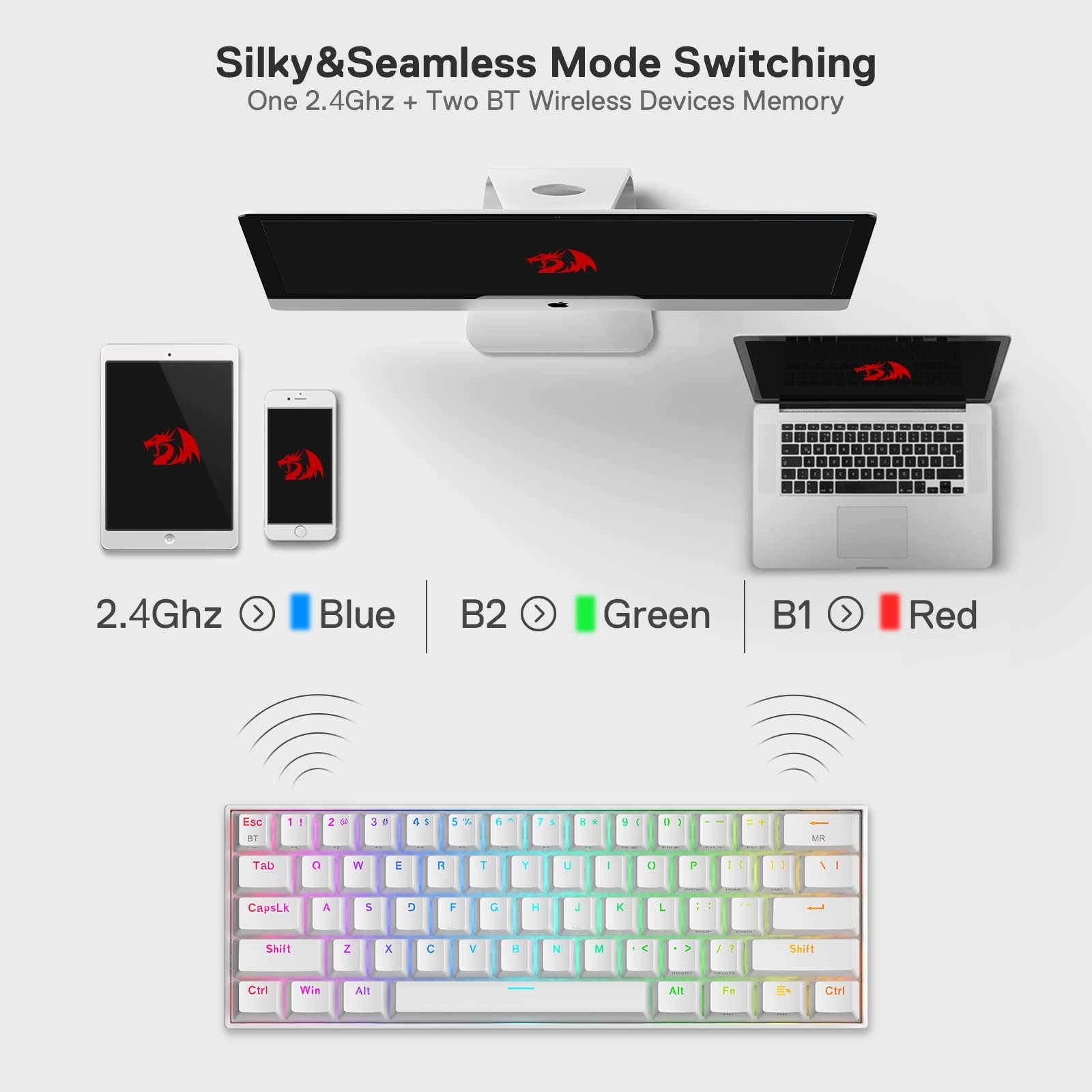 Redragon K530 Pro Draconic 60% Wireless RGB Mechanical Keyboard, BT/2.4Ghz/Wired 3-Mode 61 Keys Compact Gaming Keyboard w/Hot-Swap Socket, Free-Mod Plate Mounted PCB & Tactile Brown Switch