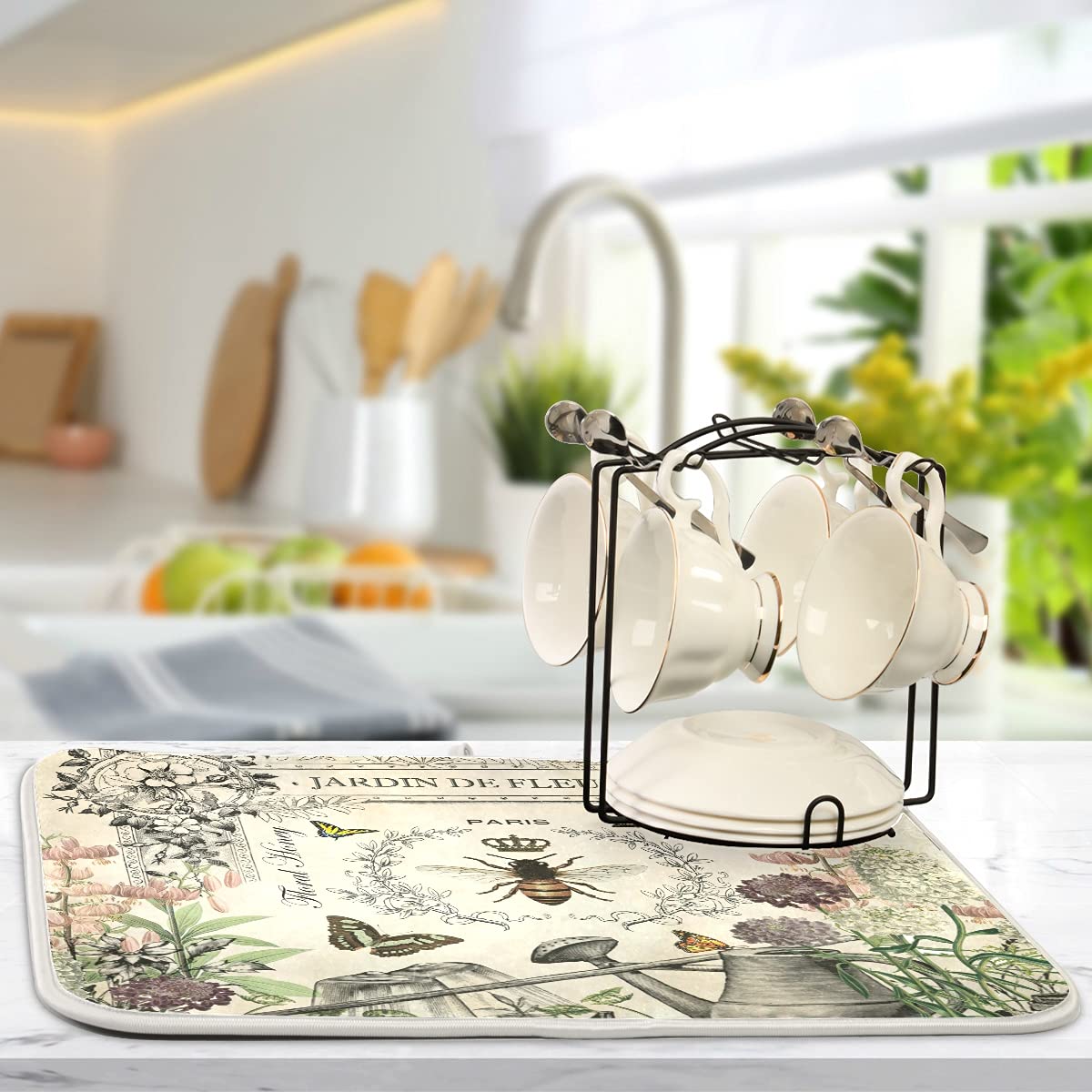 Vintage Bee Garden Dish Drying Mats for Kitchen Counter Reversible Absorbent Polyester Material Large Kitchen Microfiber Mat 18 x 24 Inch