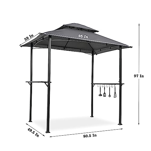 Outdoor Canopy Tent Gazebo with Steel Frame - Double Tier BBQ Gazebo Shelter & Bar Counters - 8 x 5 Ft Grey Outdoor Shelter Tent