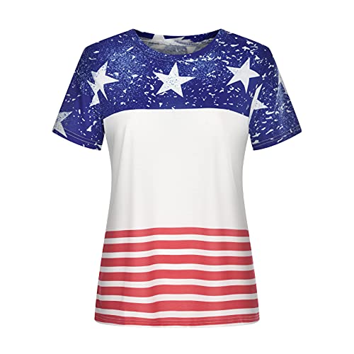 wodceeke Women's short-sleeved round neck T-shirt American flag stitching printed Tee casual loose Independence Day tops (Dark Blue,XL)