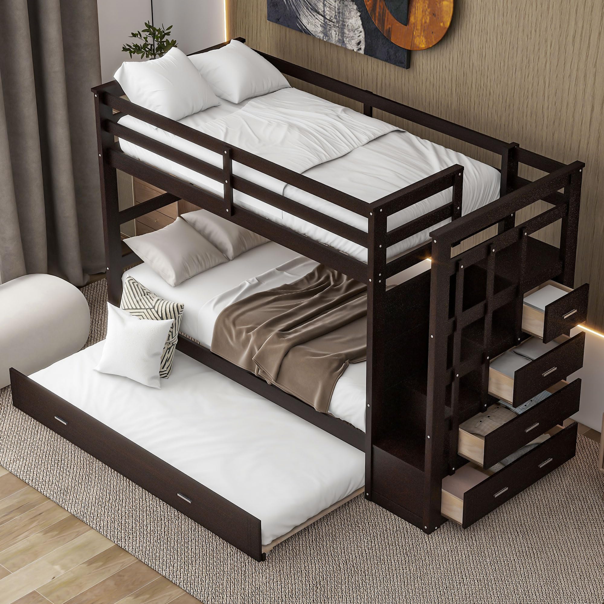 Merax Twin Over Twin Bunk Bed with Trundle, Solid Wood Stairway Bunk Bed Frame with 3 Storage Cabinet Staircase, No Spring Box Required, Espresso