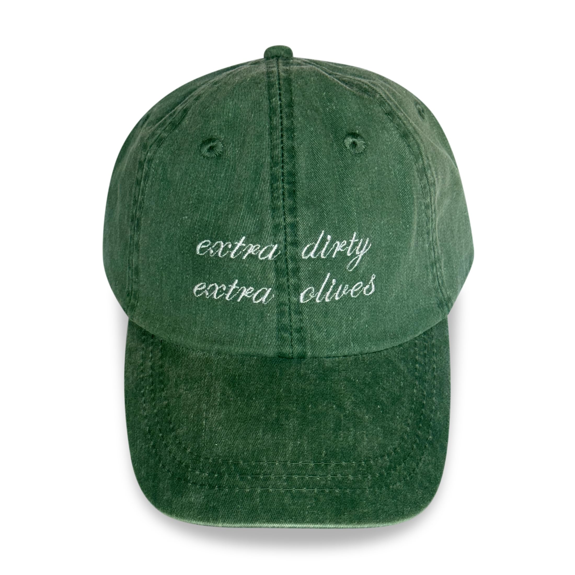 ValDesigns Extra Dirty, Extra Olives Washed Out Green Baseball Cap with Cursive White Embroidery On The Front | Martini Lovers, Drink Enthusiasts, Funny Outdoor Hat