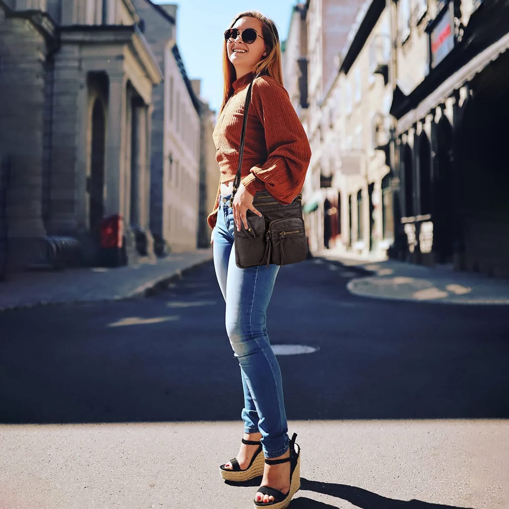 Montana West Crossbody Bag for Women Soft Leather Multi Pocket Shoulder Bags Vintage Women's Purses and Handbags Coffee Gift MWC-046CF