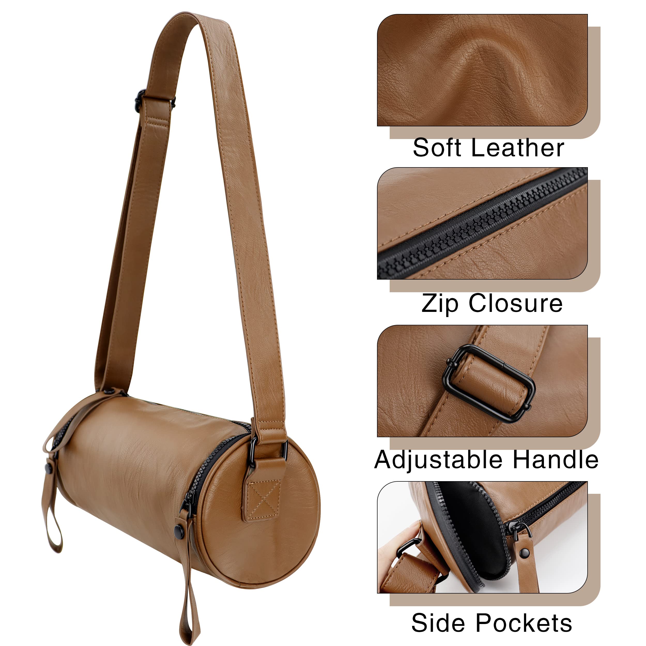 Whale Power Crossbody Bag Soft Leather Cylindrical Adjustable Strap Shoulder Purse with Side Pockets for Women Brown