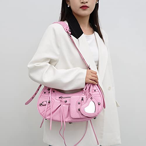 Women Punk Style Rivet Satchels Handbags Crocodile Pattern Shoulder Bags With Mirror And Card Hobo Bags