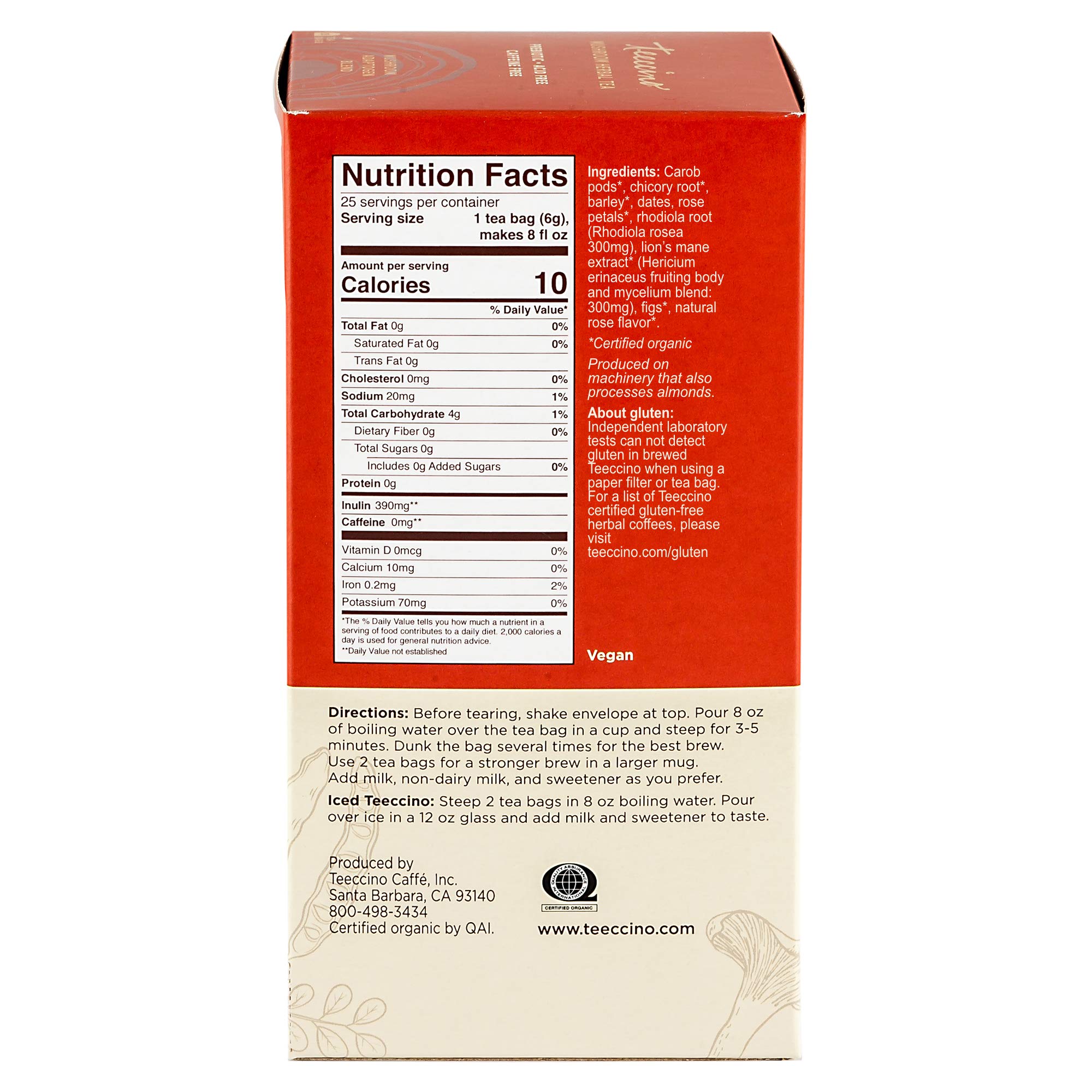 Teeccino Lion’s Mane Rhodiola Rose Mushroom Adaptogen Herbal Tea - Caffeine-Free, 3x More Herbs than Regular Tea Bags, Lightly Sweet from Dates & Figs, Prebiotic - 25 Tea Bags
