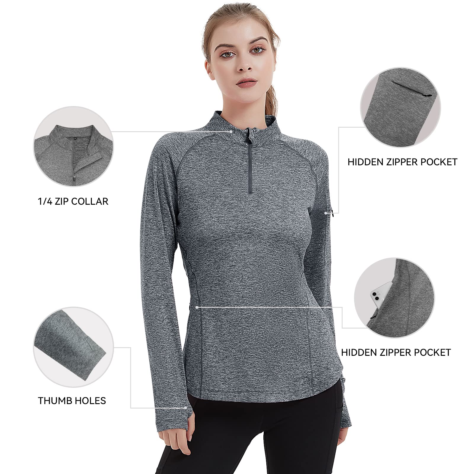 Women's 1/4 Zip Long Sleeve Running Shirts Thumb Holes Quick Dry Workout Athletic Pullover Tops with Zipper Pockets Grey