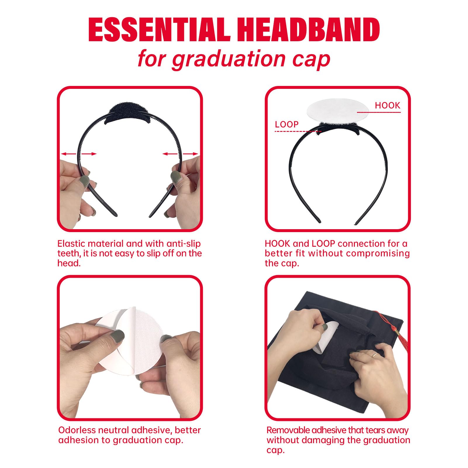 unibouti 2 Pack Graduation Cap Headband - Grad Cap Head Band Insert with Hook and Loop Sticker - Graduates Essential Hairband for Securing Graduation Hat