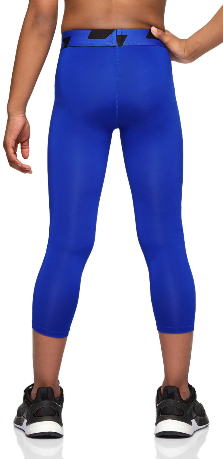TSLA Boys Youth UPF 50+ Compression Pants Baselayer, Cool Dry Running Tights, 4-Way Stretch Workout Leggings, Capri 2Pack White/Blue, 12