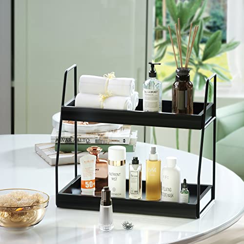 ZGO 2-Tier Bathroom Counter Organizer, Wood Bathroom Organizer Countertop Vanity Organizer Bathroom Tray, Kitchen Spice Rack Counter Shelf Organizers and Storage, Black