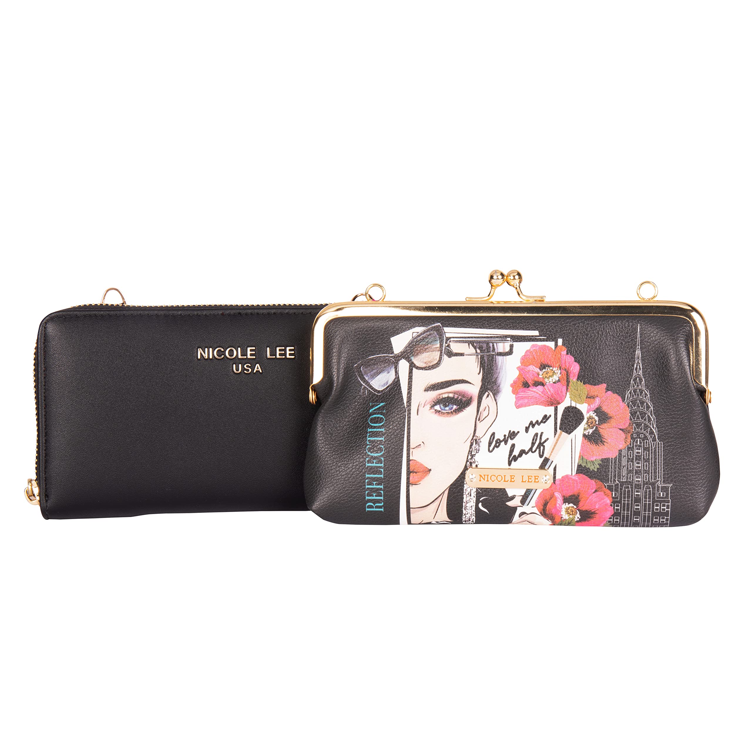 Nicole Lee 2 Piece Kiss Lock Crossbody Pouch Bifold Wallet - Love Me Half-Faux Leather