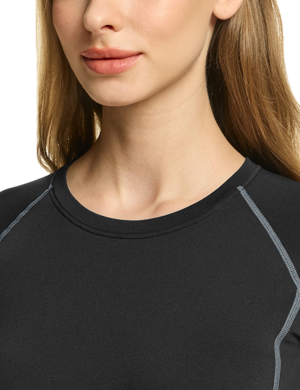 TSLA Women's Thermal Long Sleeve Tops, Mock Turtle & Crew Neck Shirts, Fleece Lined Compression Base Layer, Round Neck Heatlock Black&Charcoal, Large