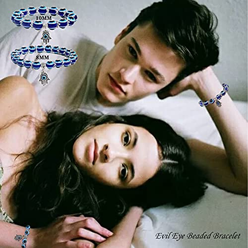 SONNYX 10 PCS Evil Eye Hamsa Blue Beaded Charm Stretch Bracelet Hand of Fatima Turkish Lucky Evil Eye Bracelet for Protection and Blessing 8MM 10MM