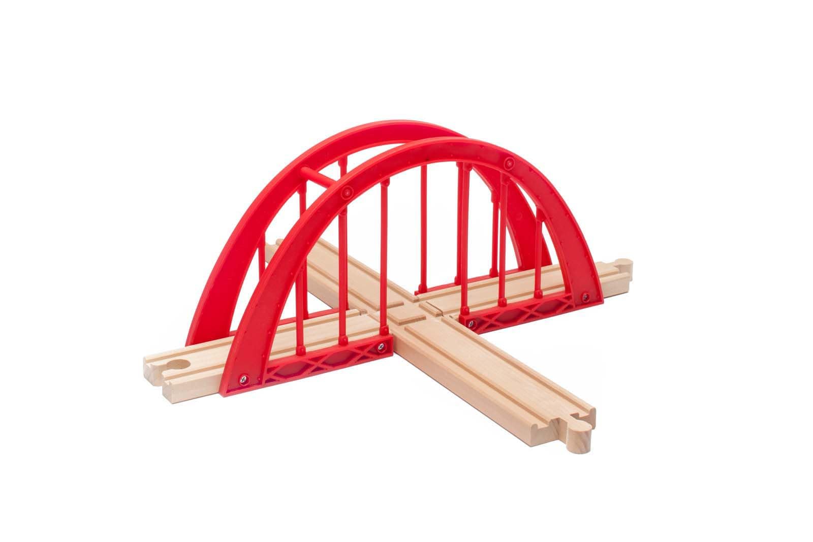 maxim enterprise, inc. Red Intersection Bridge, Model Railroad Bridge with Wooden Cross Track, Wooden Bridge Compatible with Thomas & Friends, Brio Railway, and All Major Brand Fine Wooden Train Sets