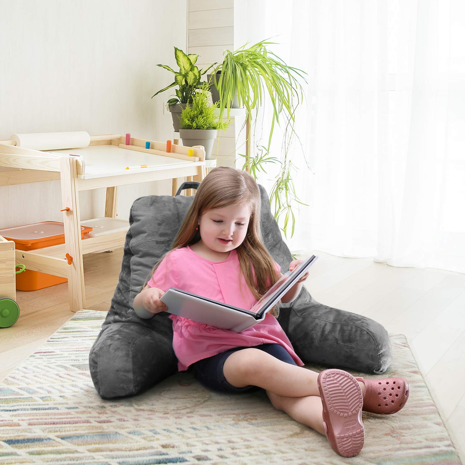Nestl Reading Pillow Standard Bed Pillow, Back Pillow for Sitting in Bed Shredded Memory Foam Chair Pillow, Reading & Bed Rest Pillows Grey Back Pillow for Bed, Bed Chair Arm Pillow with Pockets