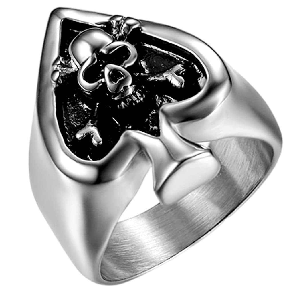 Retro Vintage Stainless Steel Gothic Skull Poker Ace Spade Heart Cocktail Party Hoilday Biker Hallowee Ring (Silver, 9)
