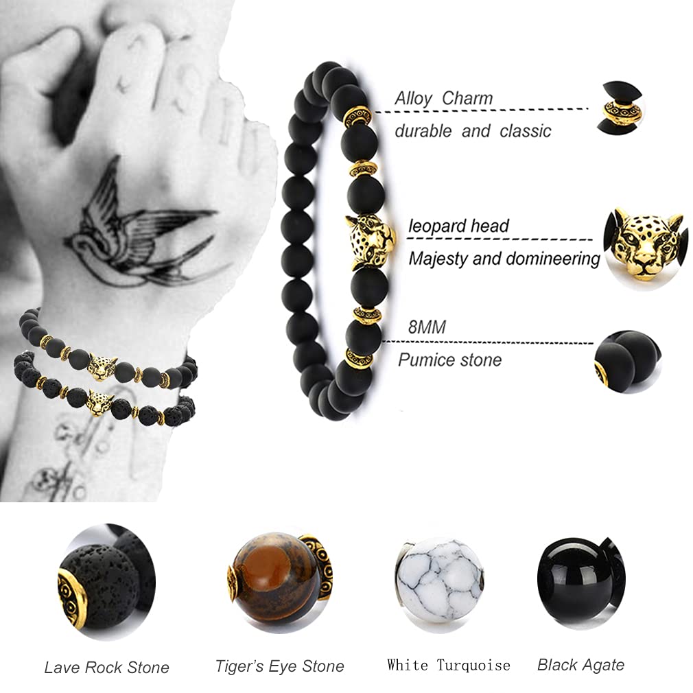 SONNYX 12 Pcs 8MM Lava Rock Stone Bead Bracelet for Men Women Crown King Charm Lion Leopard Head Natural stone Bracelet Set Adjustable Elastic