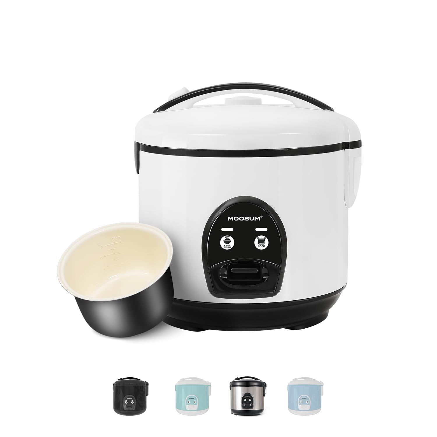 Moosum Rice Cooker Maker 5-Cup(Uncooked) with Steamer, Ceramic coating, BPA Free, Small capacity, White
