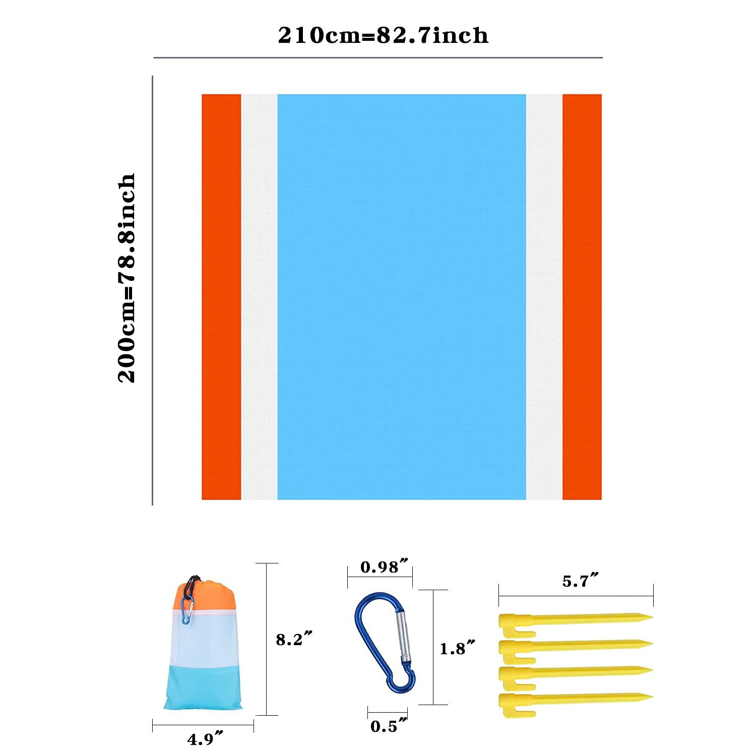 Shourlite Sandproof Beach Blanket, Oversized Waterproof Picnic Mat for 4-7 Adults Sand Shake Off Easily, Beach Blanket Large Mat for Travel Camping Hiking, Orange+white+blue, 79x83 inch