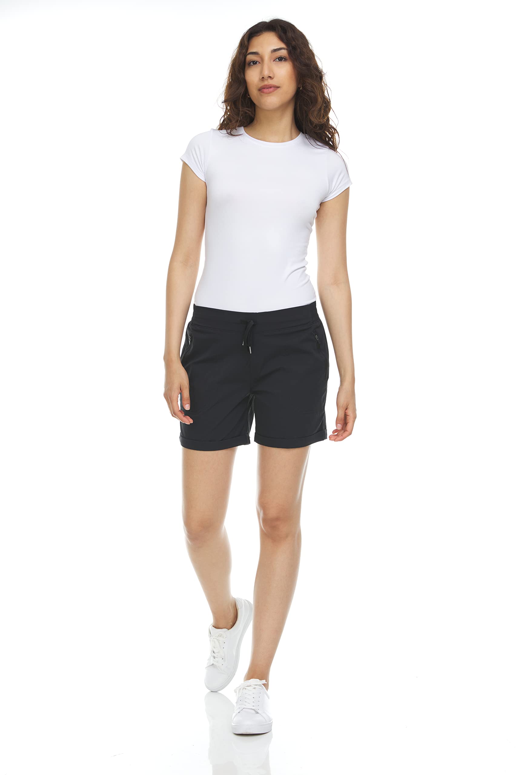 Swiss Alps Womens Multi Pocket Mid-Rise Pull On Shorts with 5" Inseam, Black, XL