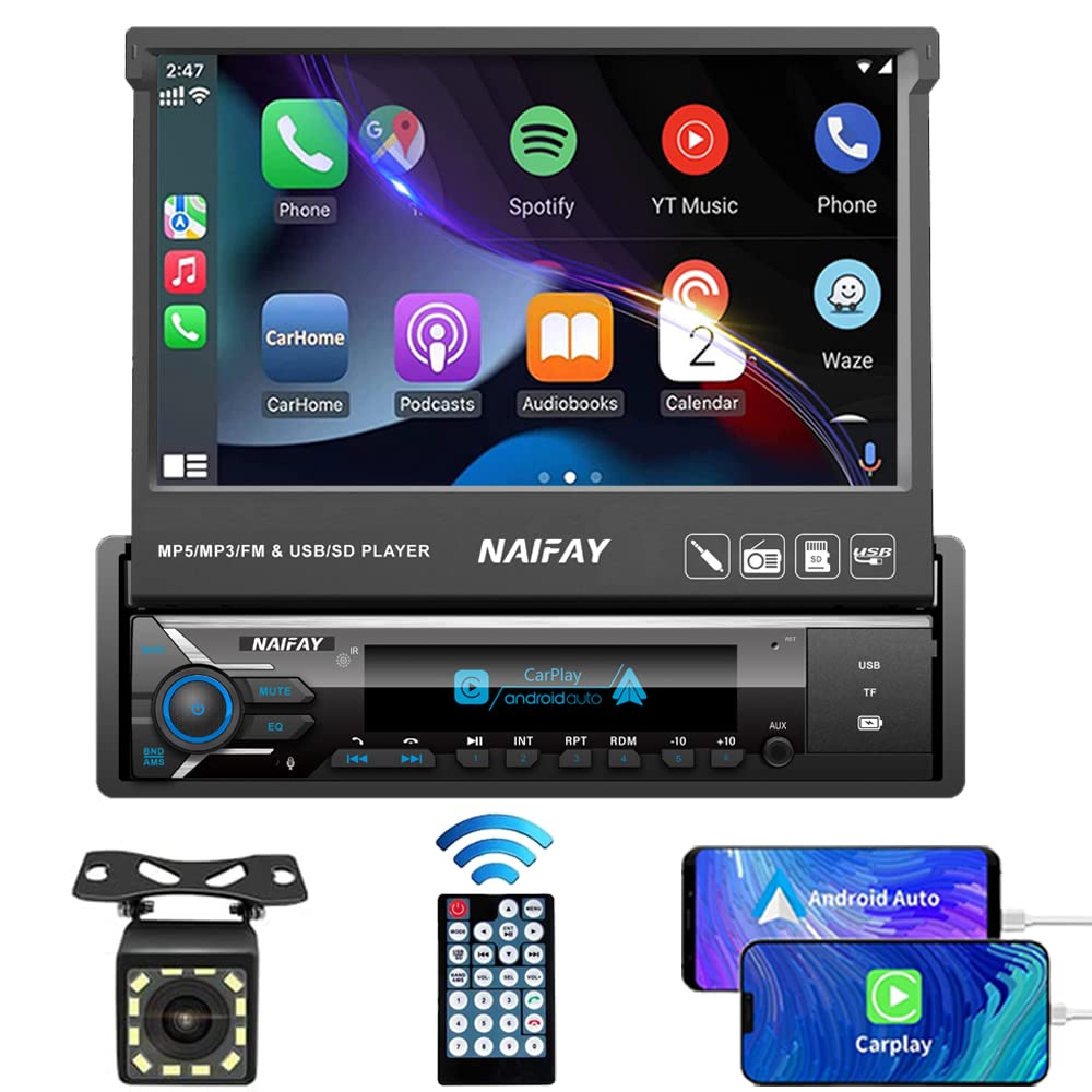 Single Din Touchscreen Car Stereo with Apple Carplay and Android Auto,7 inch Flip Out Screen Car Stereo with Bluetooth Foldable Car Audio Receiver with Backup Camera Mirror Link/FM/USB/AUX/TF