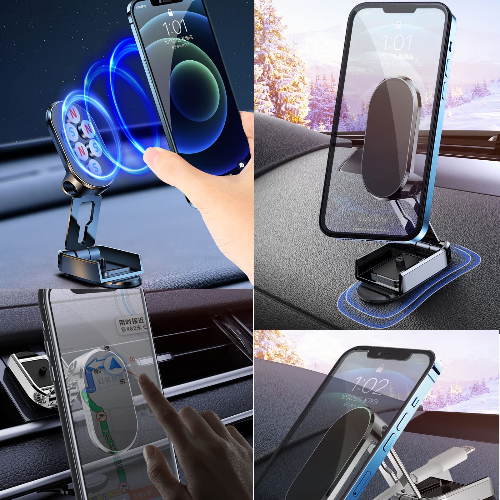 Ylahdent 2023 New Alloy Folding Magnetic Car Phone Holder, 360° Adjustable - 6 Strong Magnet Magnetic Car Phone Mount Dashboard Folding Bracket Universal (Silver)