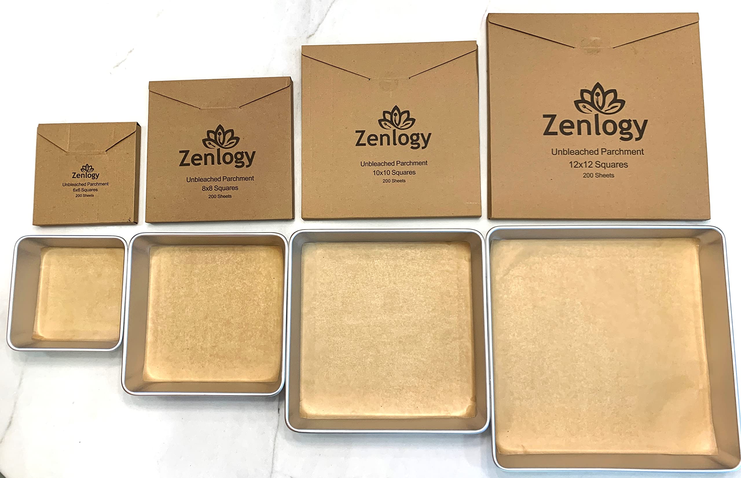 Zenlogy 8x8 Parchment Squares (200 sheets) - Unbleached, Non-stick, Pre-cut Parchment Paper - Fits 8x8 Brownie Square Pans and Toaster Oven Trays, and Air Fryer - Great for Wraps, Baking, Roasting